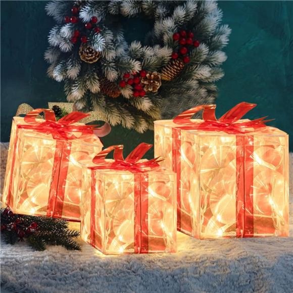 Holiday | Set Of 3 Christmas 6 Led Lighted Gift Boxes Transparent Warm ...